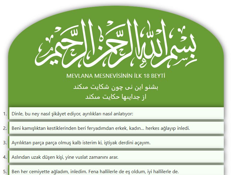 Mevlana Mesnevi ilk 18 Beyit - Mesnevi Oku